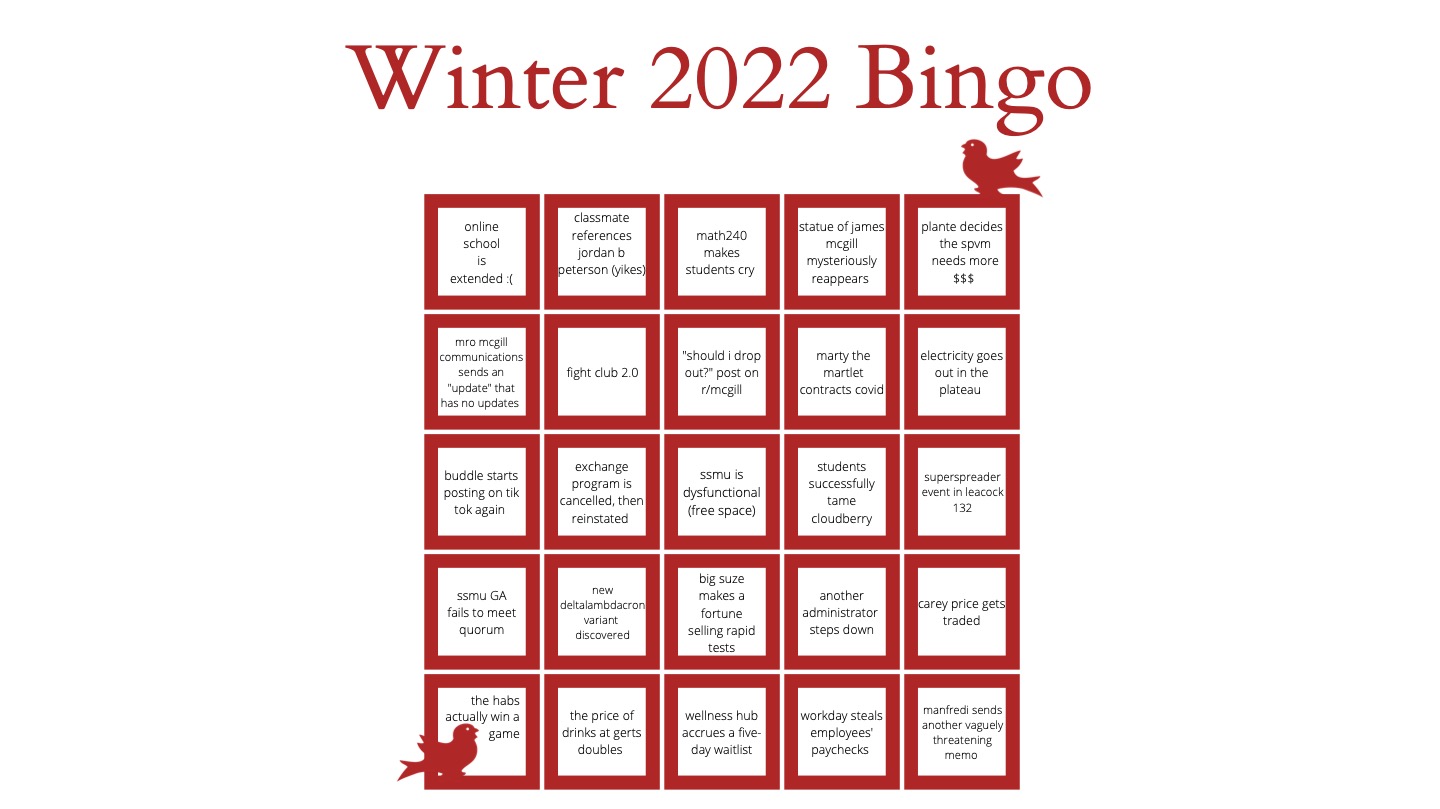 Winter 2022 Bingo Board! - The McGill Daily